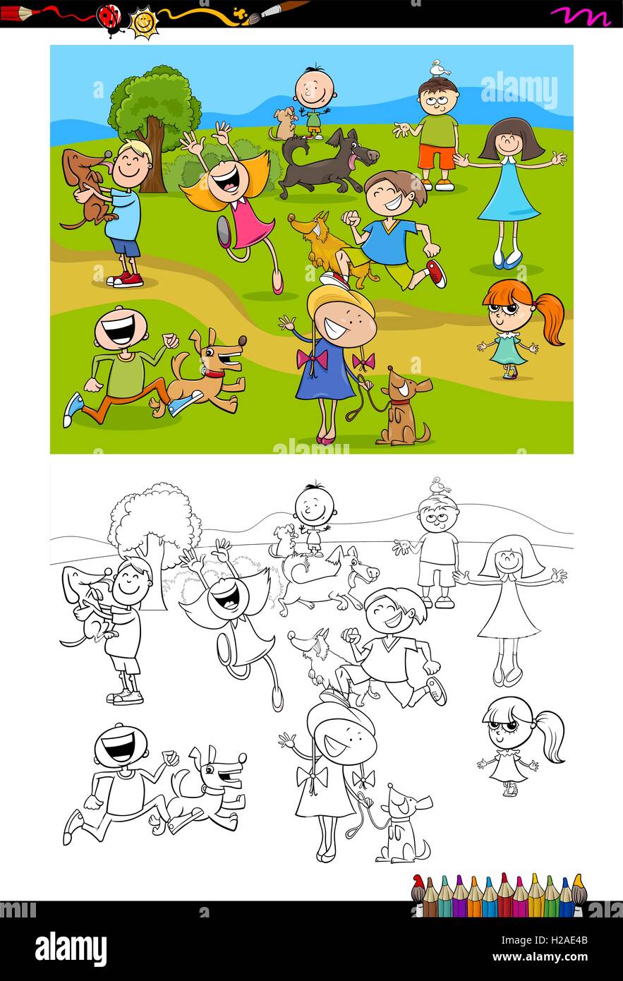 Cartoon Illustration of Kids with Dogs Coloring Book Activity Stock ...