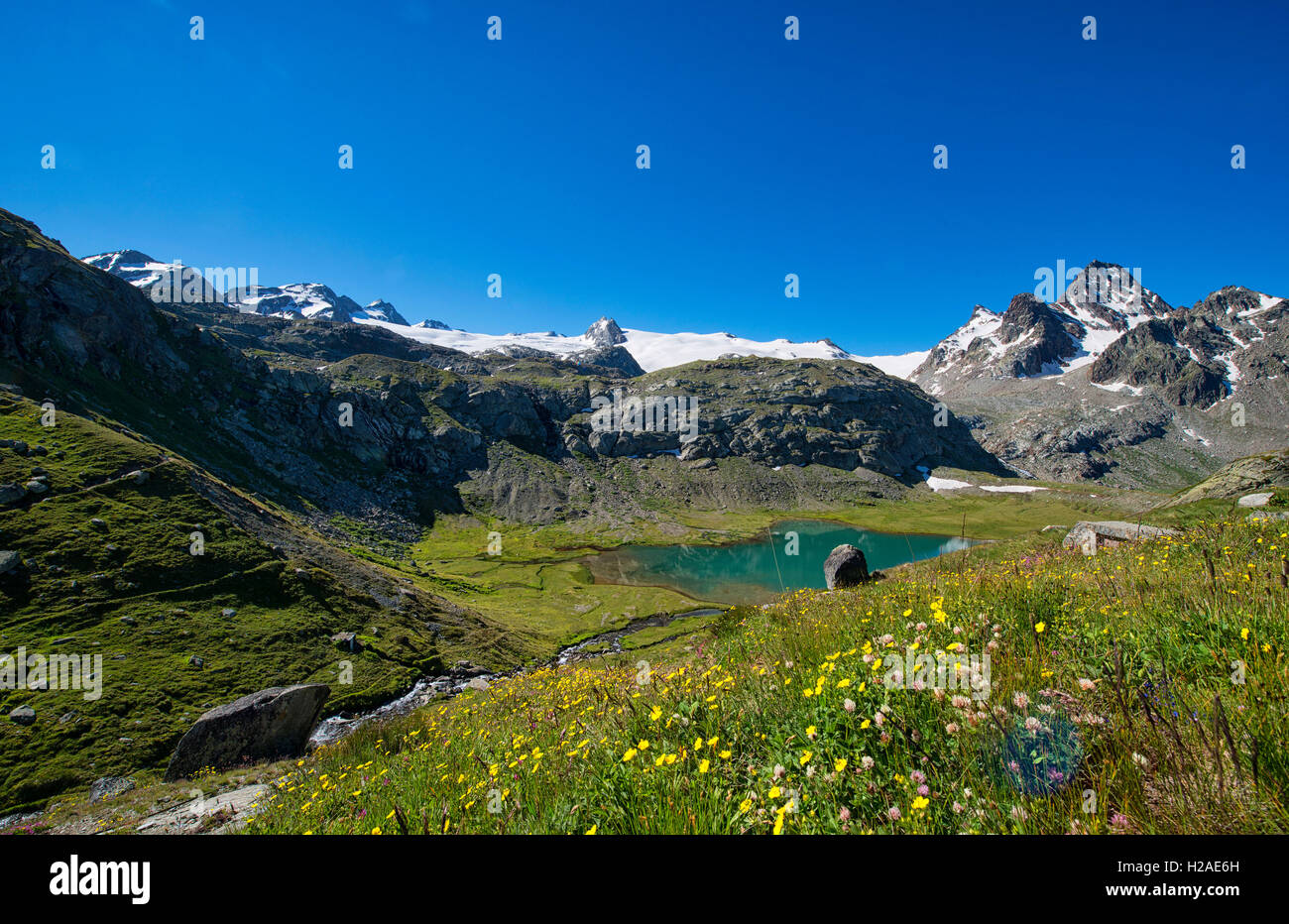 Rutor glacier, Grand Assaly, fusion lake, alpine landscape, Valle d ...