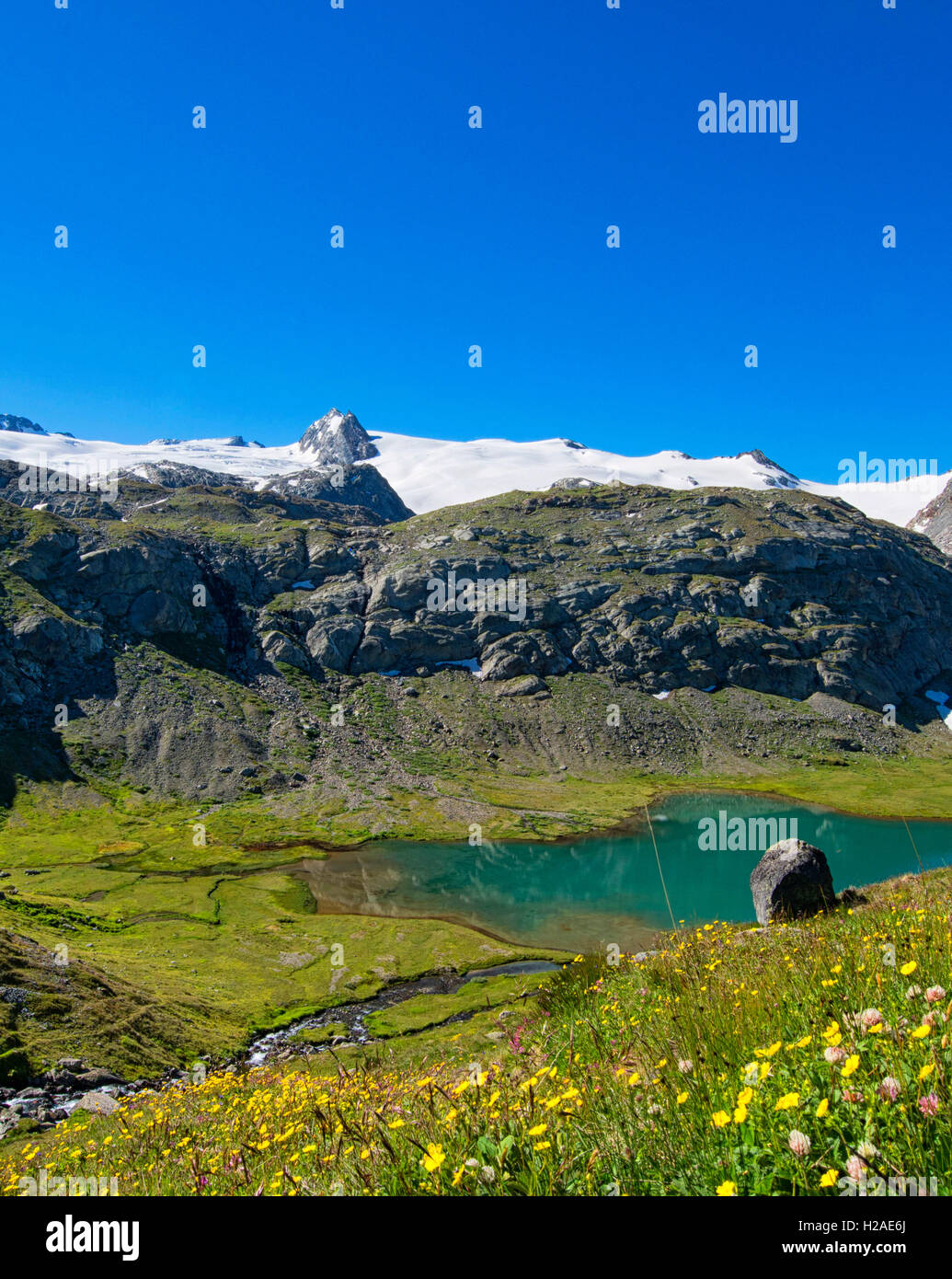 Rutor glacier, Grand Assaly, fusion lake, alpine landscape, Valle d ...