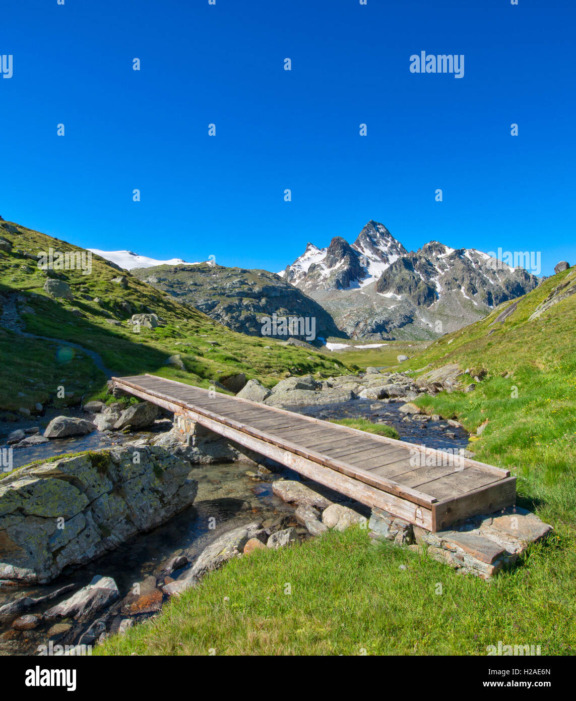 Rutor glacier, Grand Assaly, alpine creek, alpine landscape, bridge ...