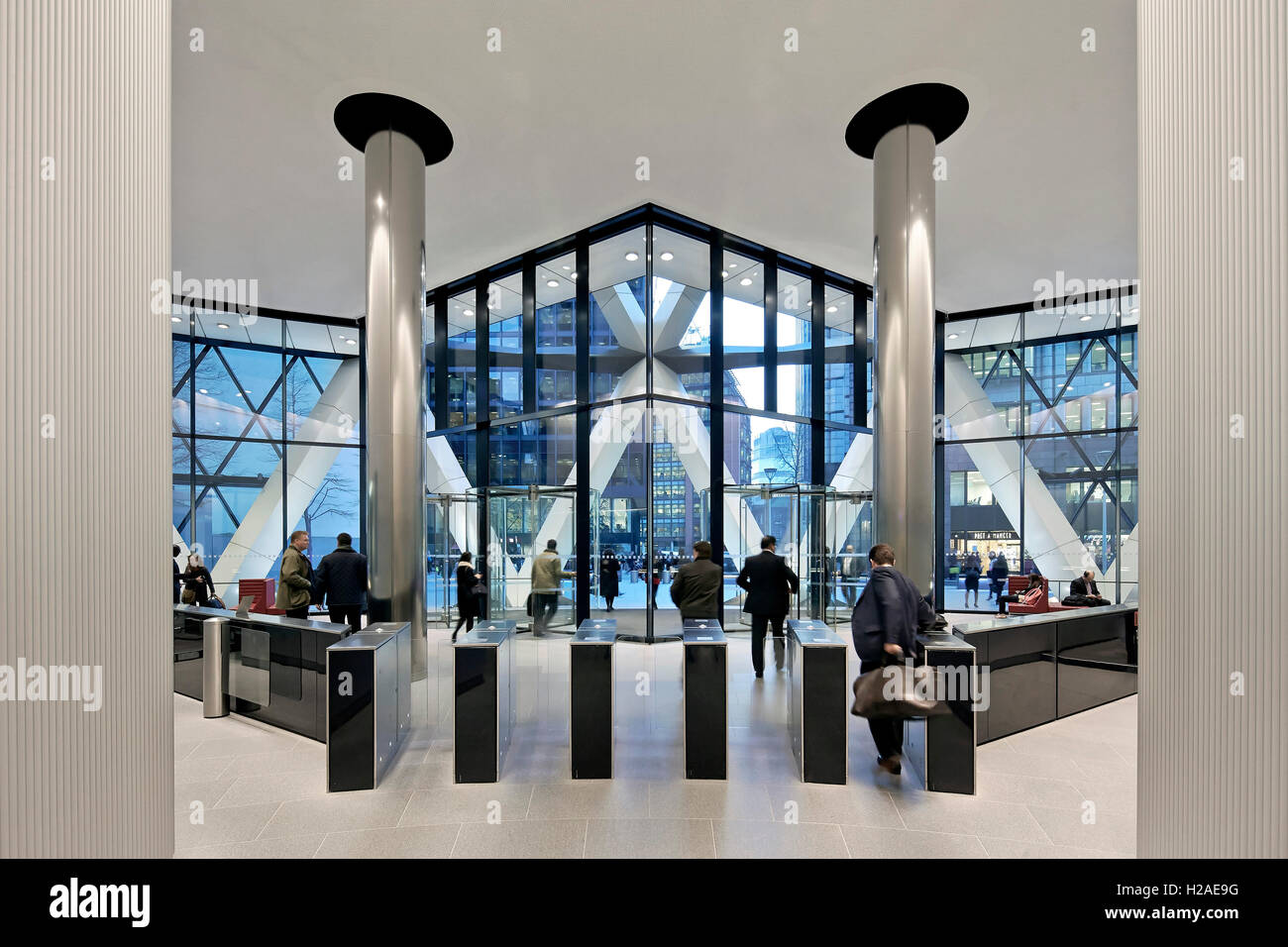 Reception foyer with security barriers. The Gherkin, London, United ...