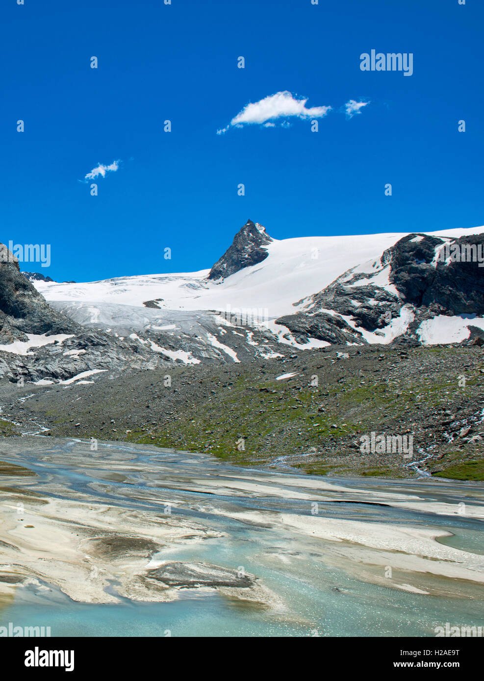 Rutor glacier, Le Vedette, alpine landscape, fusion lake and creek ...