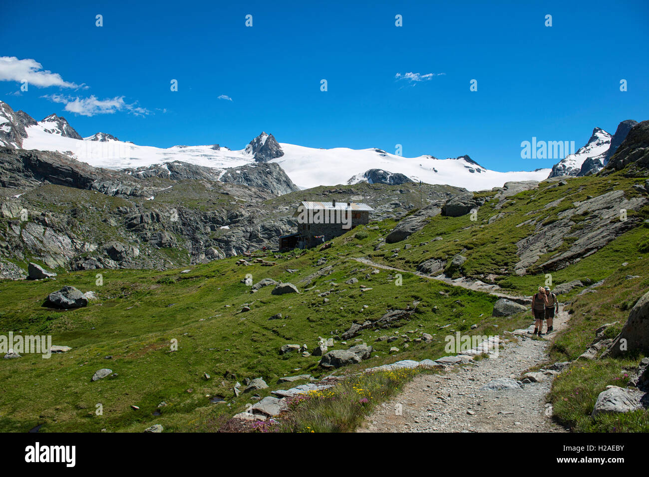Alpine landscape, Rifugio Deffeyes and tourist, Rutor glacier, Le ...