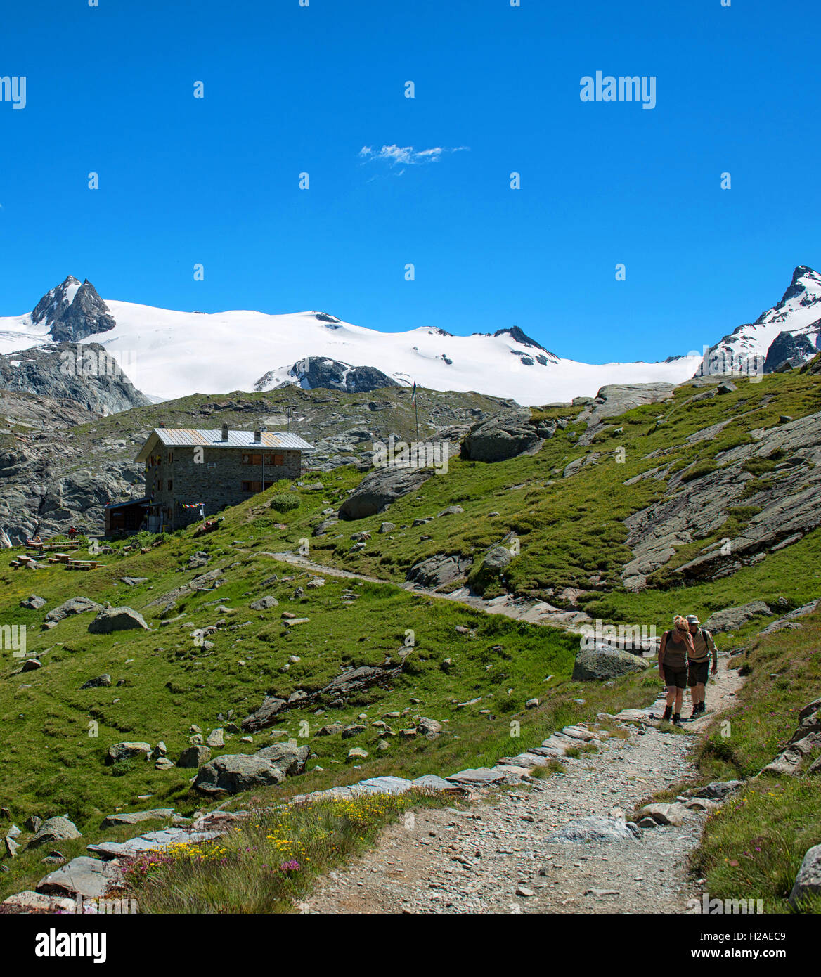 Alpine landscape, Rifugio Deffeyes and tourist, Rutor glacier, Le ...