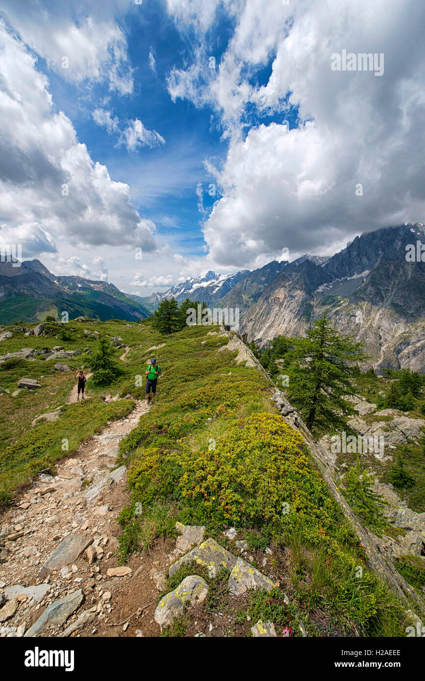 Tourist in Val Veny, mountain landscape, Valle d'Aosta, Alpi Graie ...