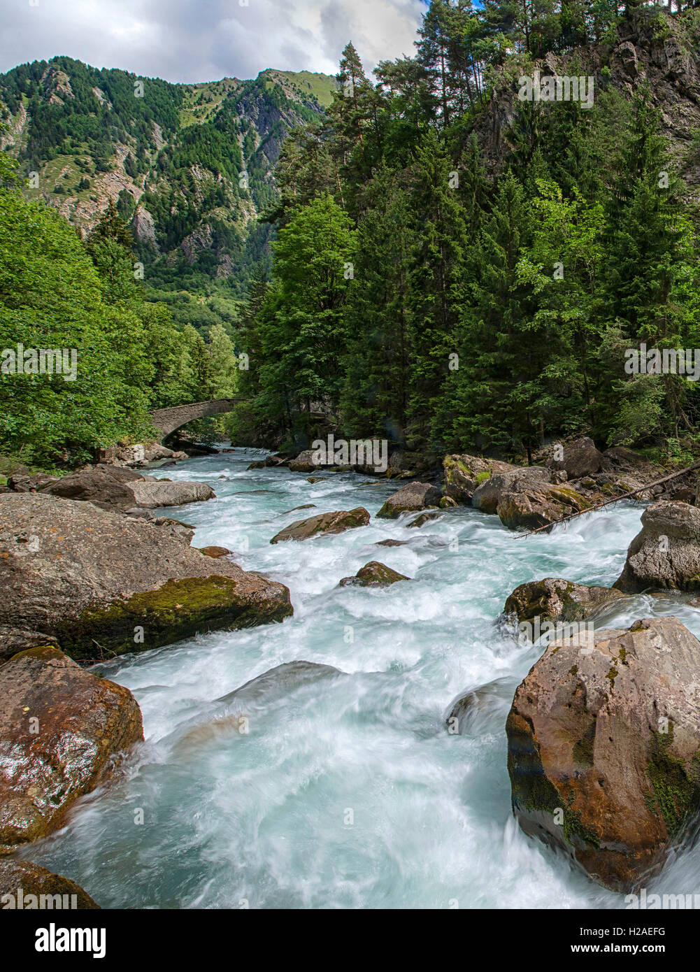 Horrid of Pré Saint Didier, mountain river in the forest, La Thuile ...