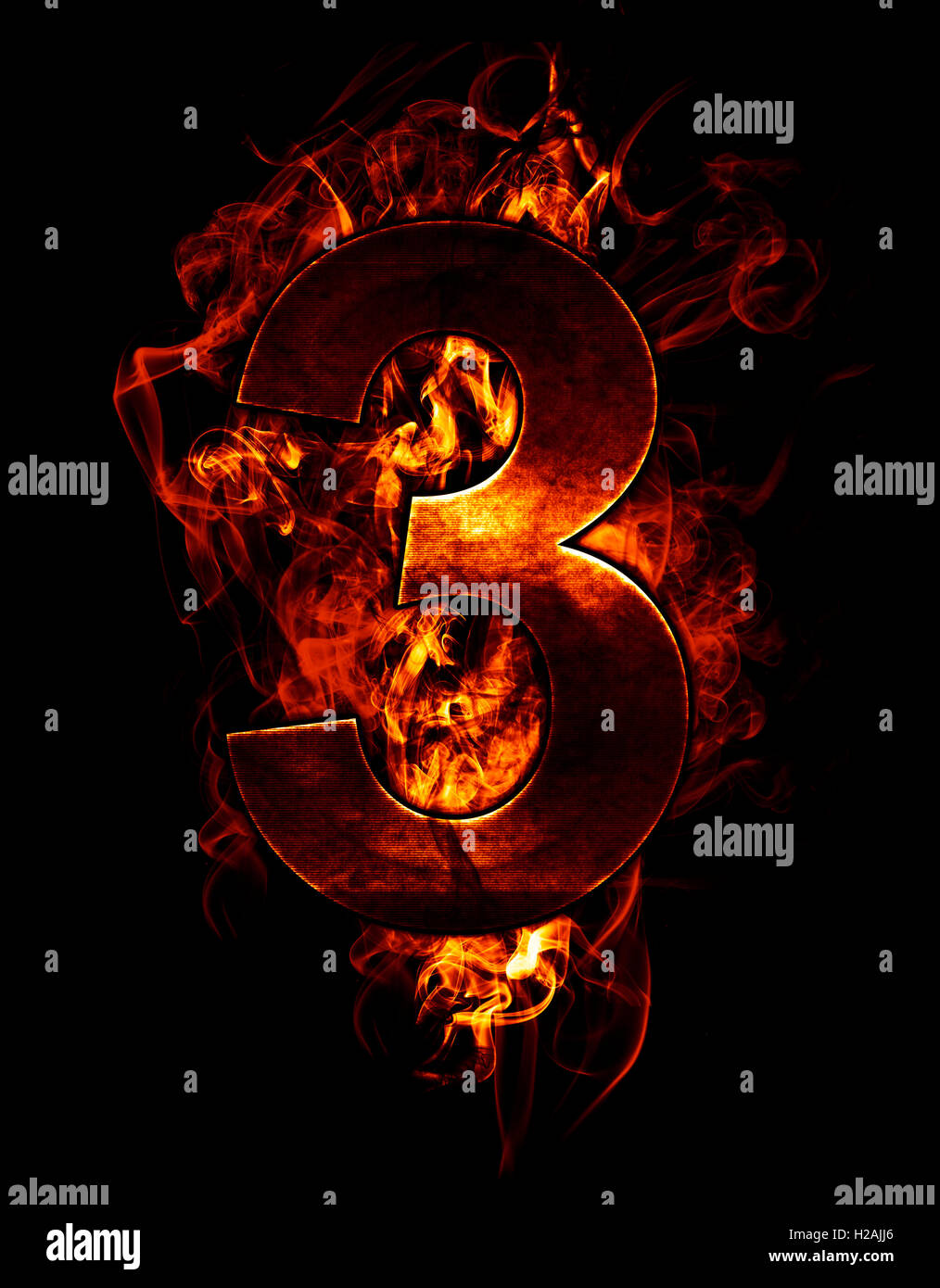 three, illustration of number with chrome effects and red fire Stock ...