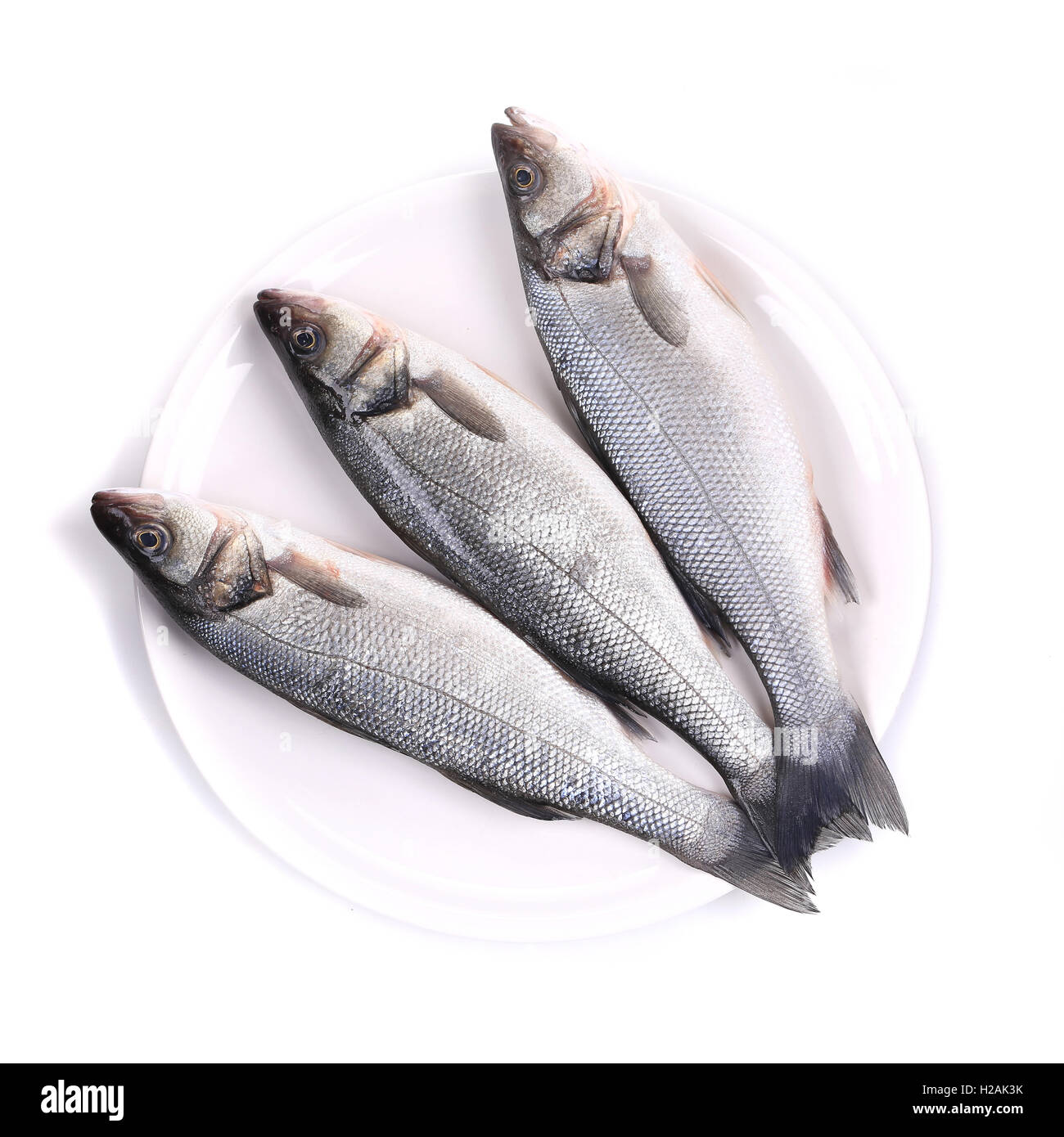 Three fresh seabass fish on plate Stock Photo - Alamy