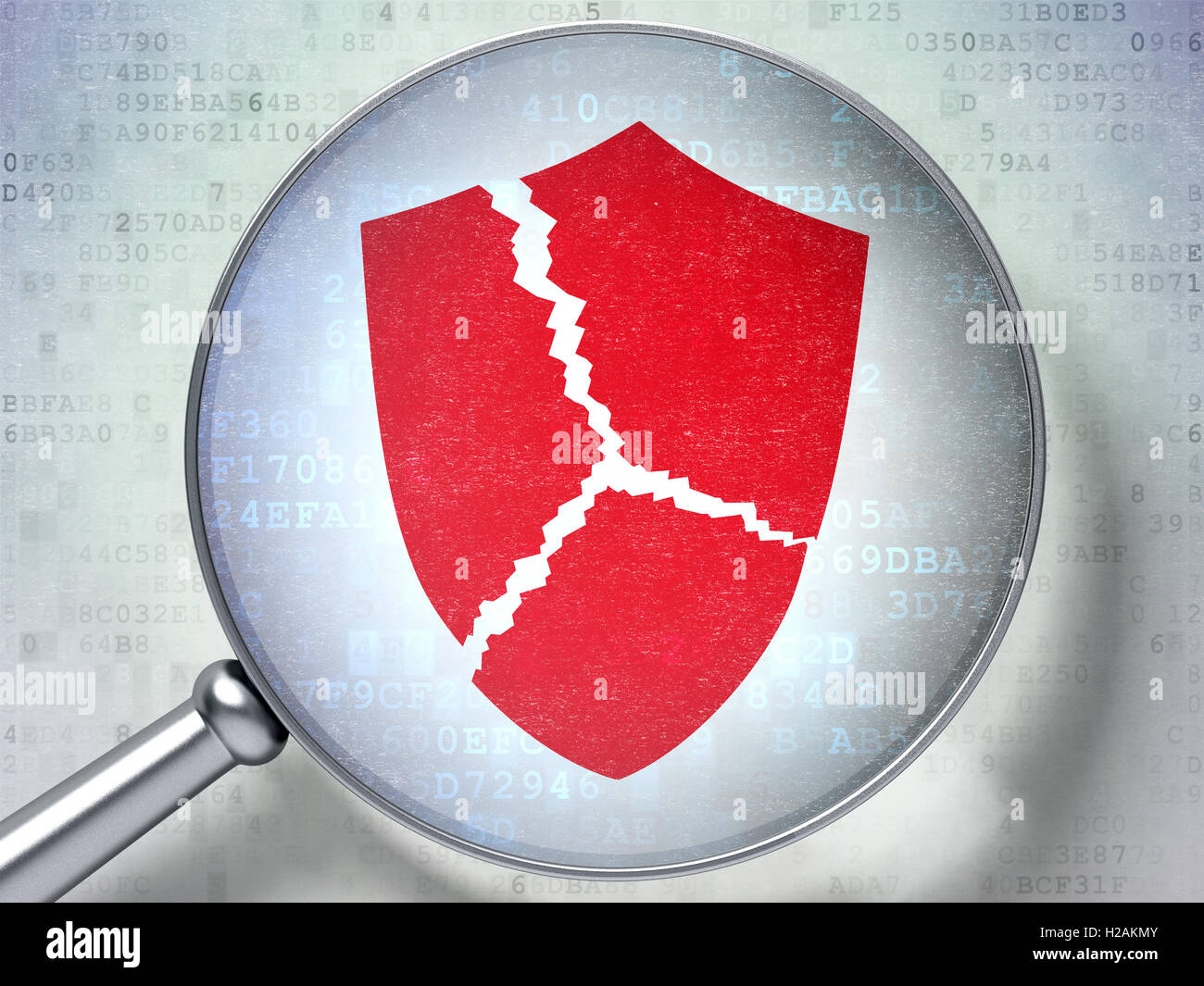 Safety concept: Broken Shield with optical glass on digital background ...