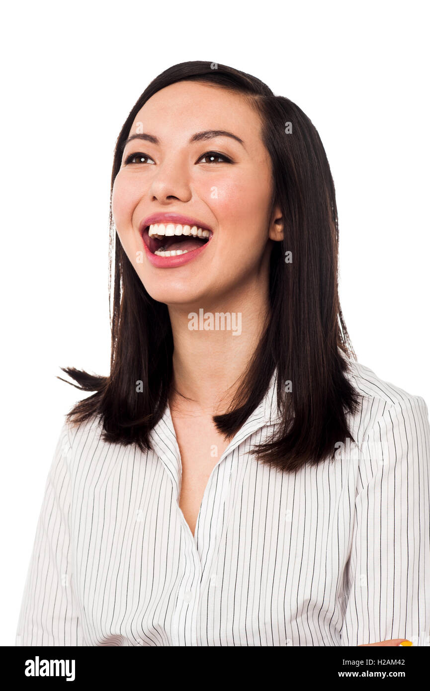 Corporate lady looking up and laughing Stock Photo - Alamy