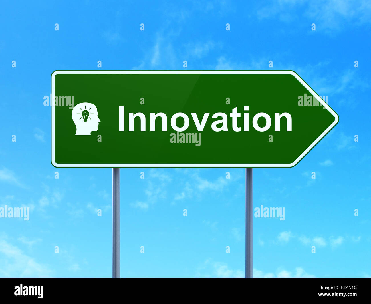 Business concept: Innovation and Head With Light Bulb on road sign ...