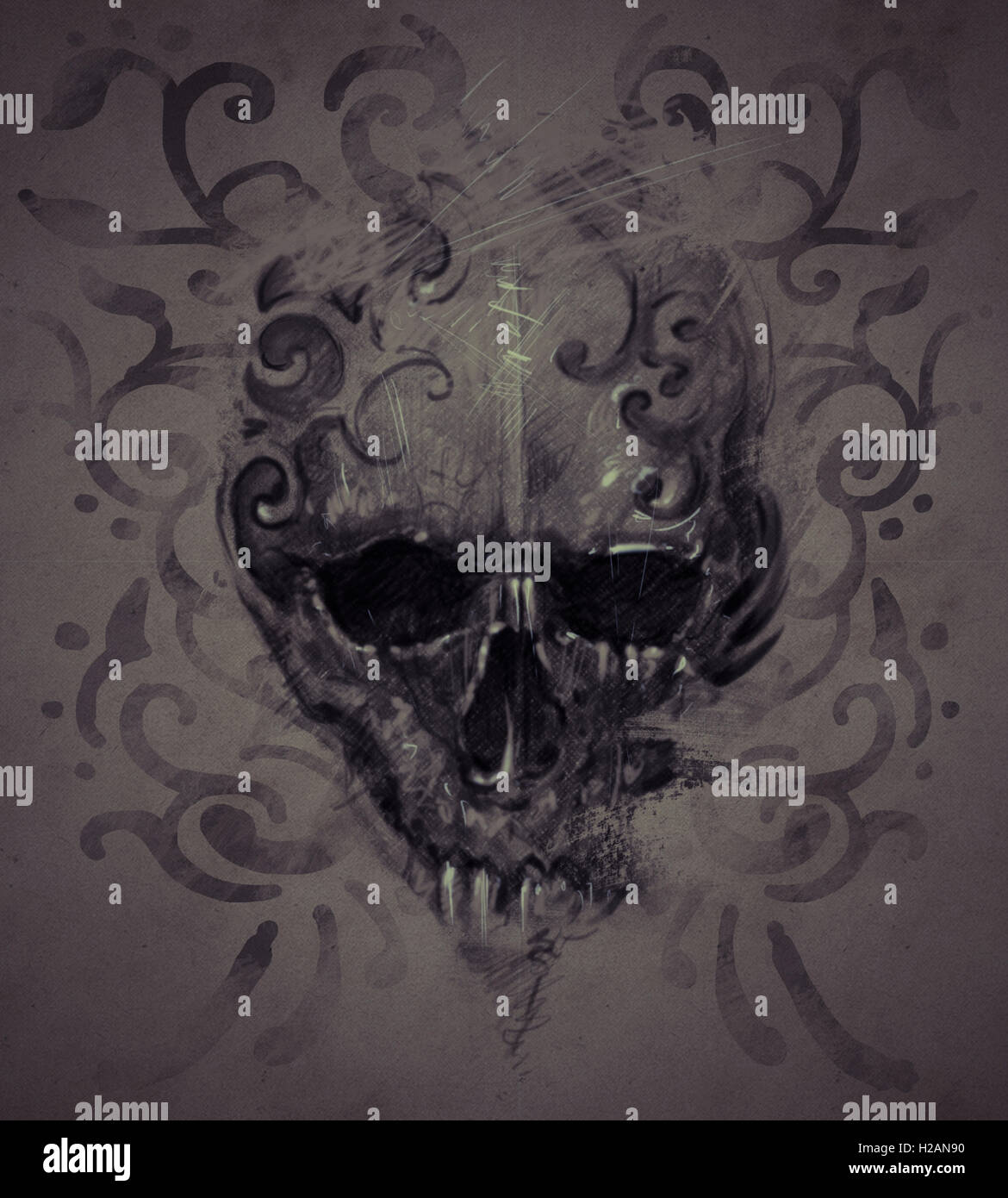 Tattoo skull over vintage paper, white tribals design Stock Photo - Alamy