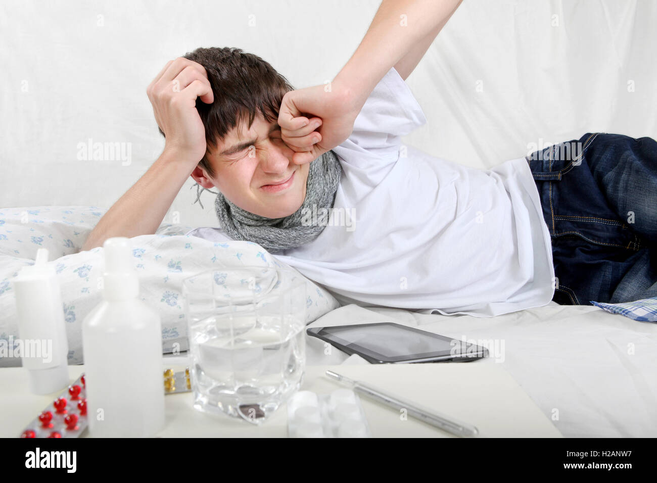 Sick Young Man with Flu Stock Photo - Alamy