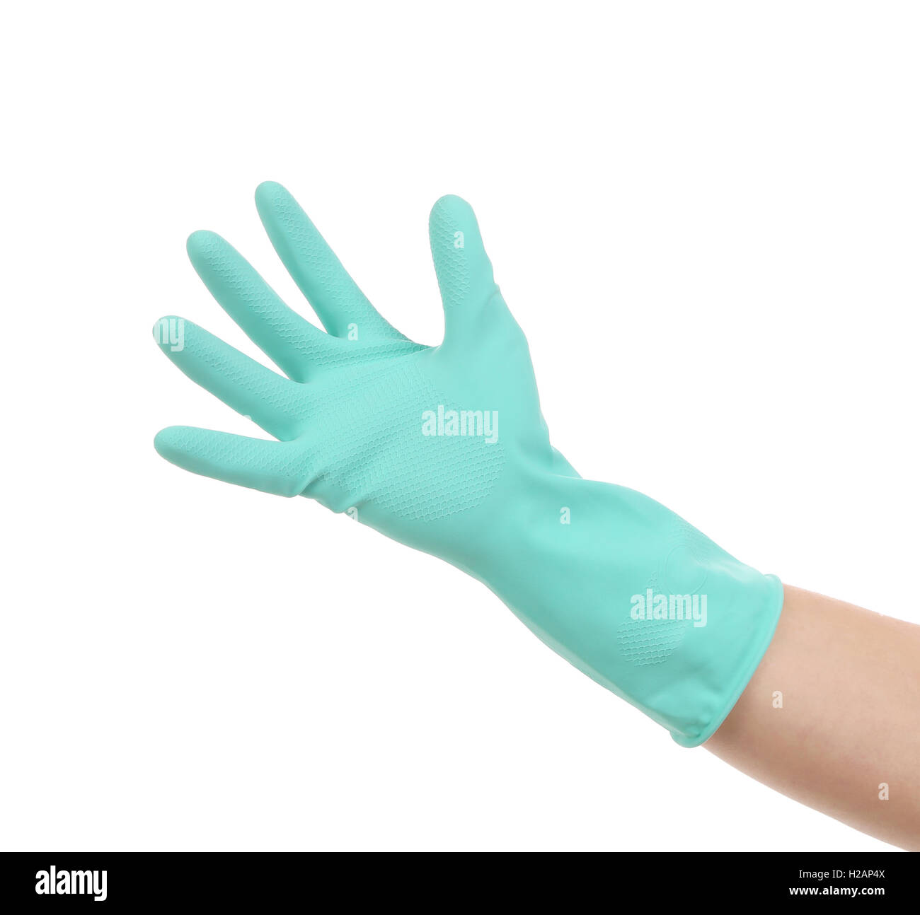 Blue glove on hand shows five Stock Photo - Alamy