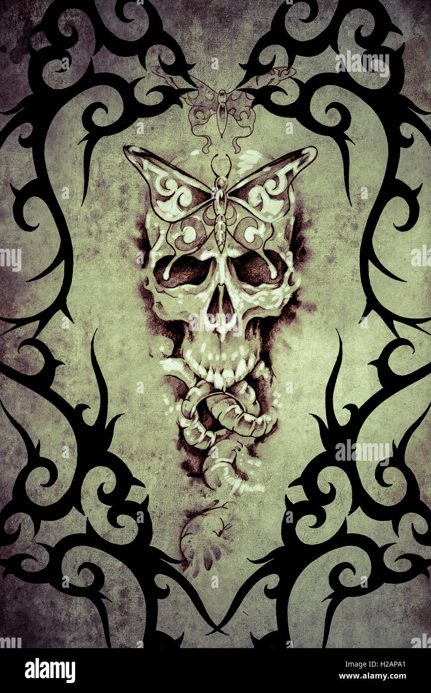 Tattoo art design, death decorated with tribal forms Stock Photo - Alamy