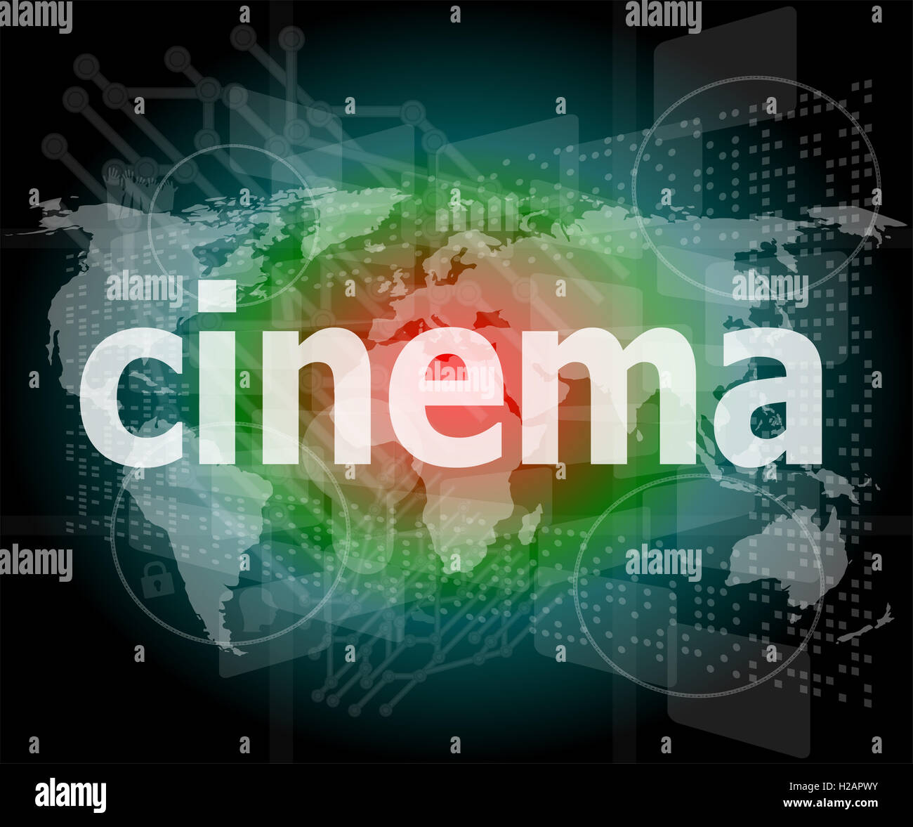 cinema word on digital screen with world map Stock Photo - Alamy