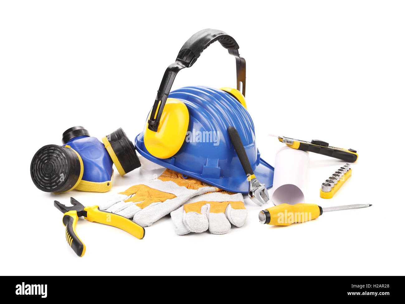 isolated hard hat with tools and blueprint Stock Photo - Alamy