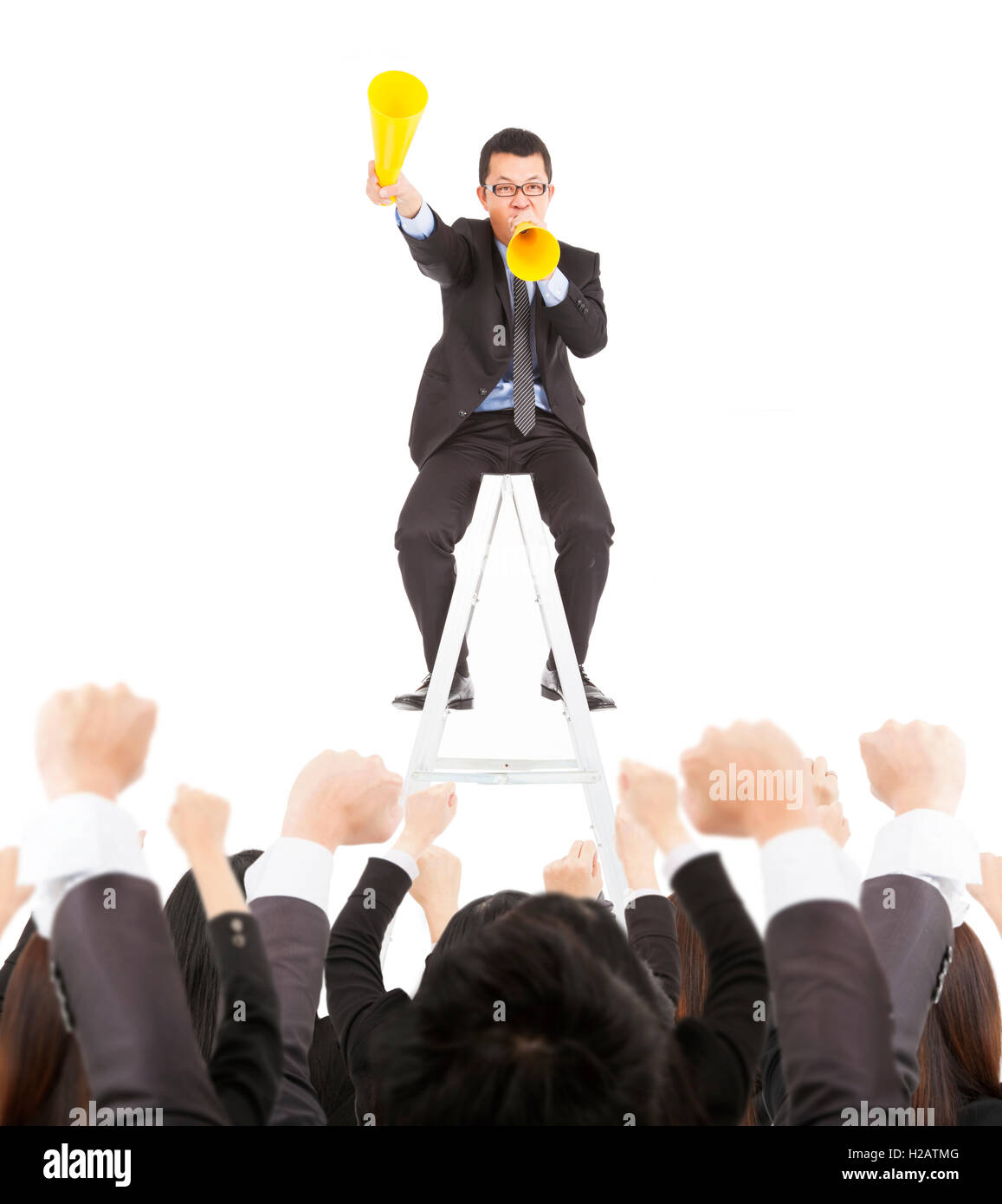 excited businessman encourage with cheer megaphone to team Stock Photo ...