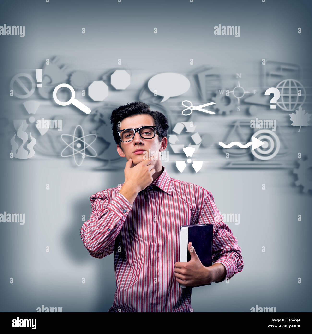 young man scientist with glasses thinking Stock Photo - Alamy