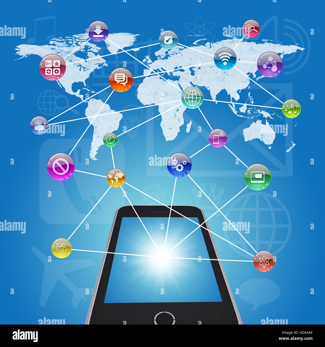 Smartphone, earth map and application icons Stock Photo - Alamy