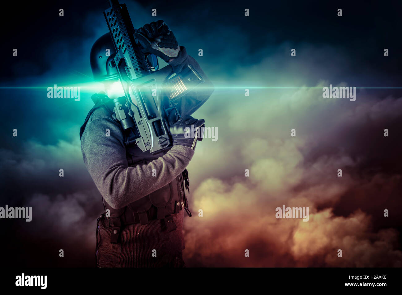 Soldier in uniform with rifle, assault sniper on apocalyptic clo Stock ...