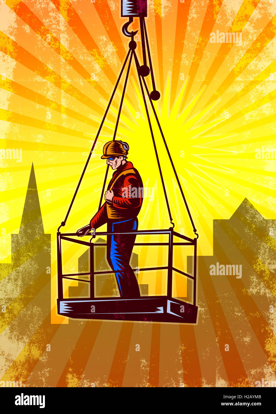 Construction Worker Platform Retro Poster Stock Photo - Alamy