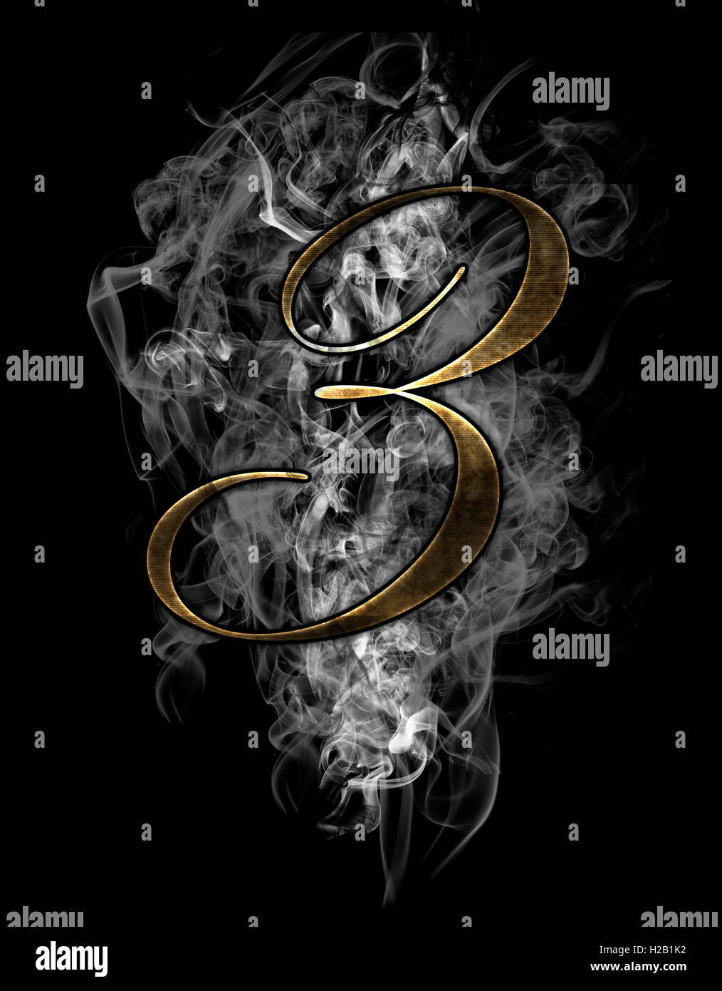 three, illustration of number with gold effects on smoke backgr Stock ...