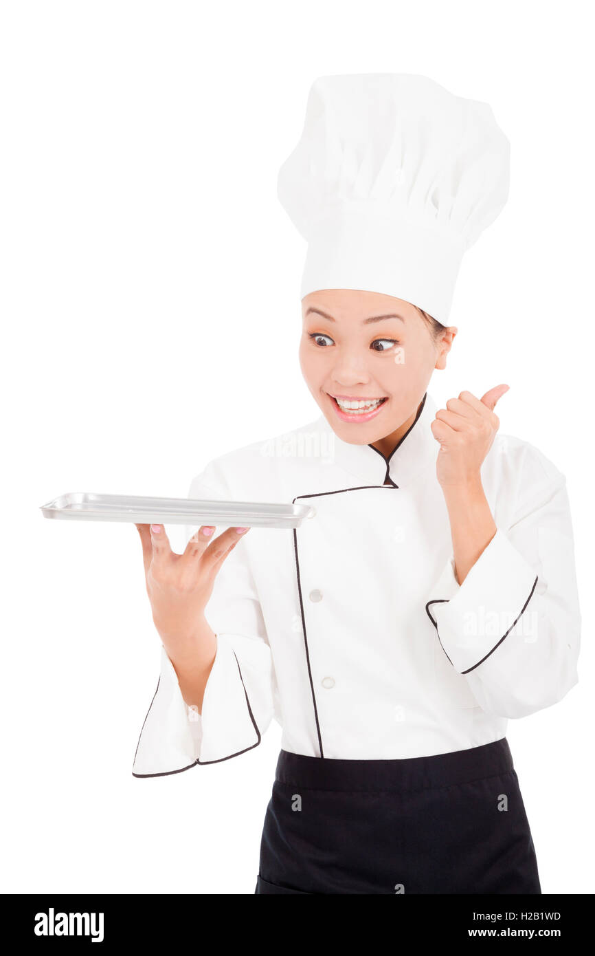 smiling female chef, cook or baker showing thumbs up Stock Photo - Alamy