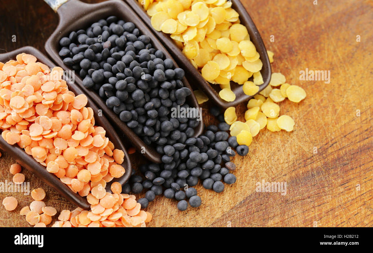 different varieties of lentils, red, yellow and black Stock Photo - Alamy