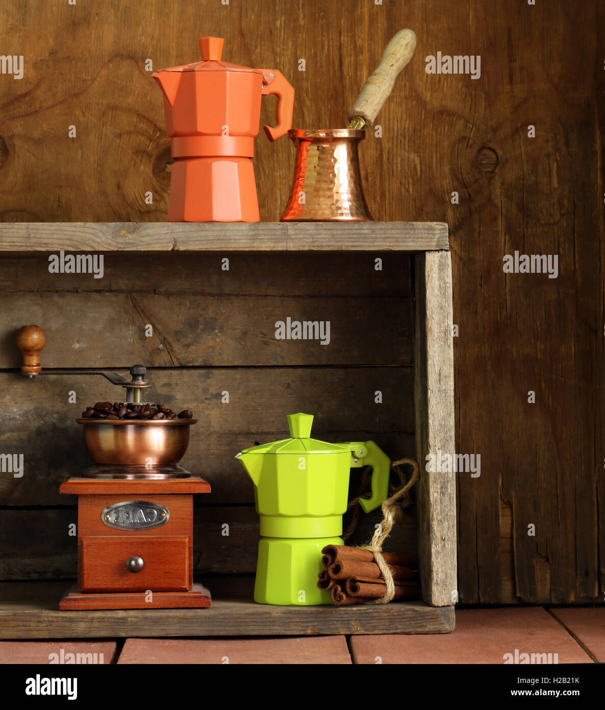 utensils for the preparation coffee and coffee beans Stock Photo - Alamy