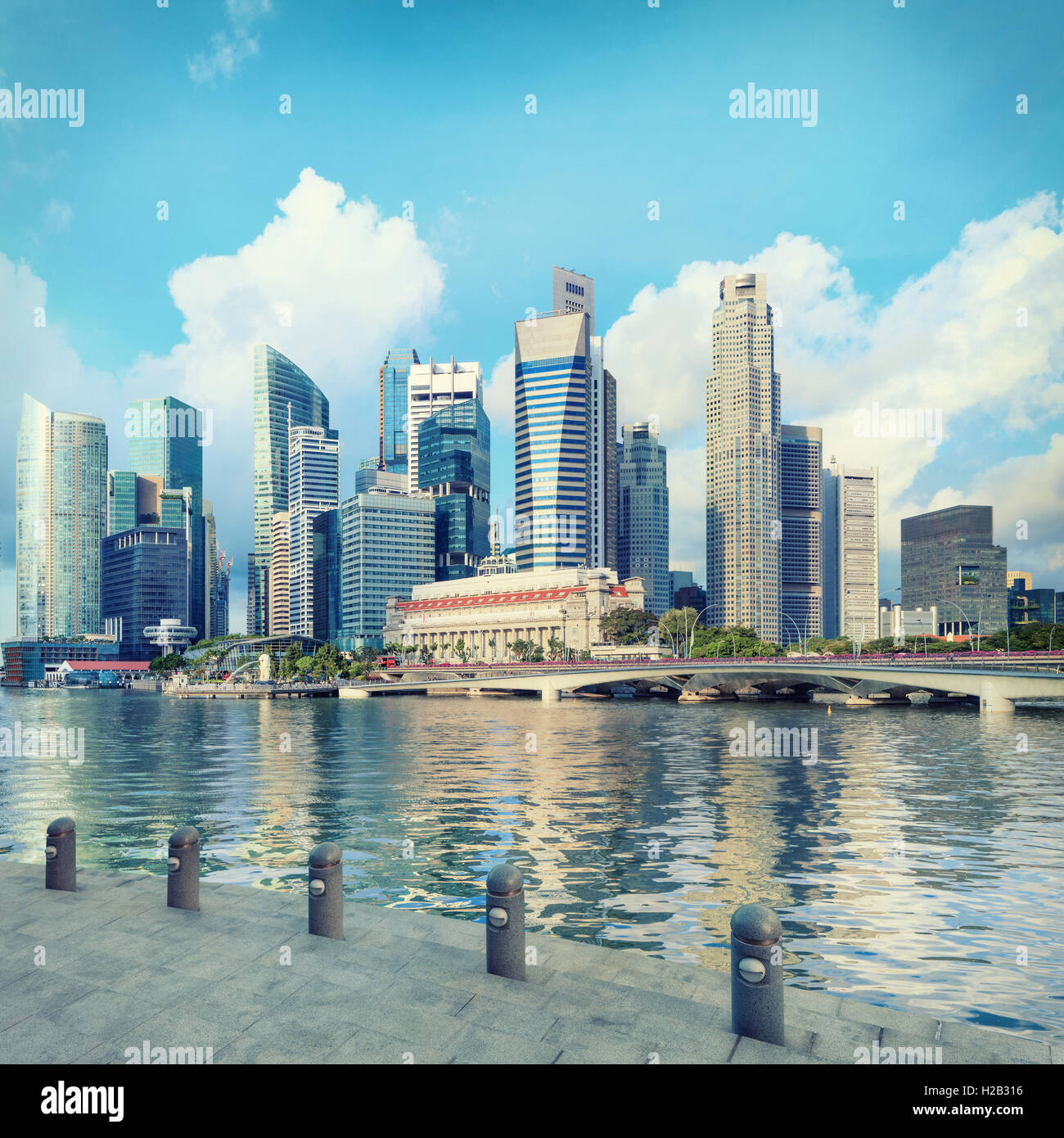 central Singapore skyline. Financial towers and Esplanade drive bridge ...