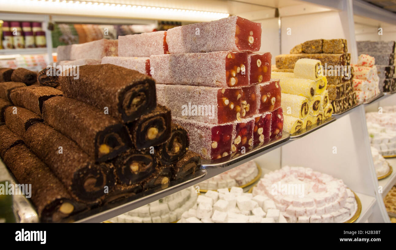 Colourful nougat and Turkish Delight on display in store, Istanbul ...