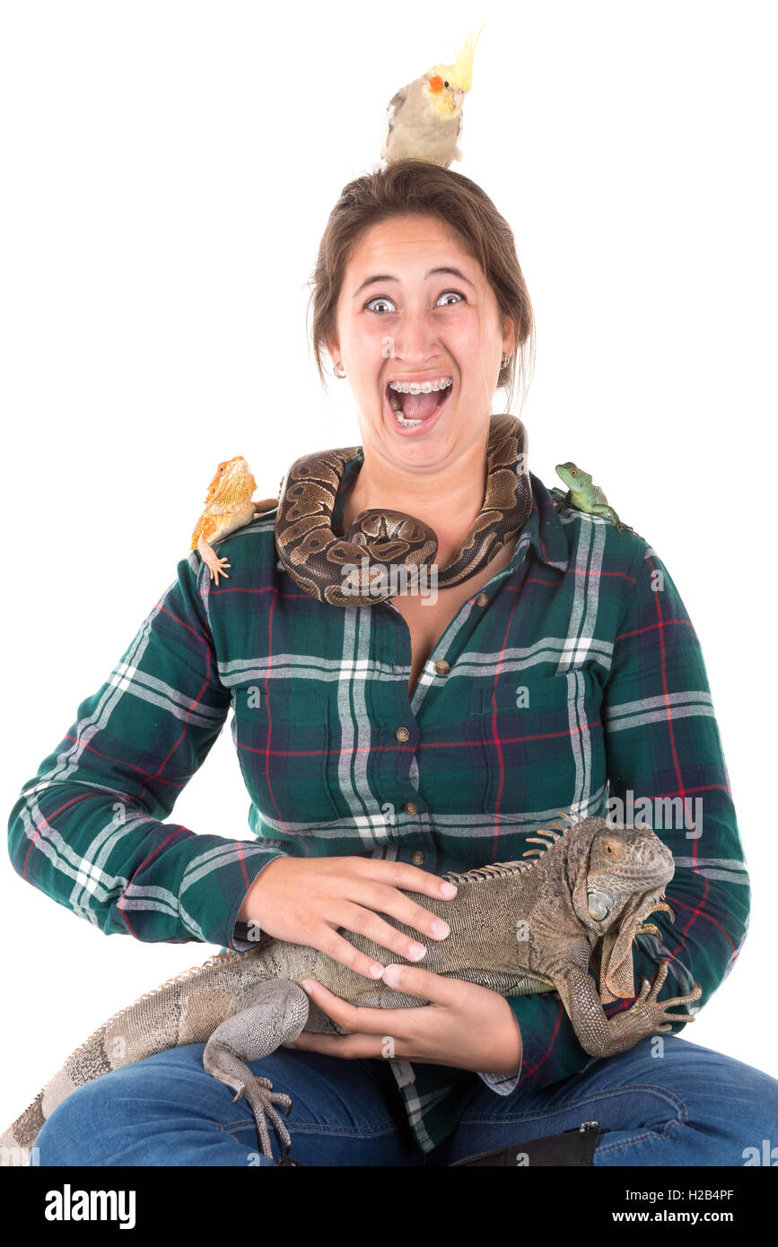 Girl with several pet animals isolated in white Stock Photo - Alamy