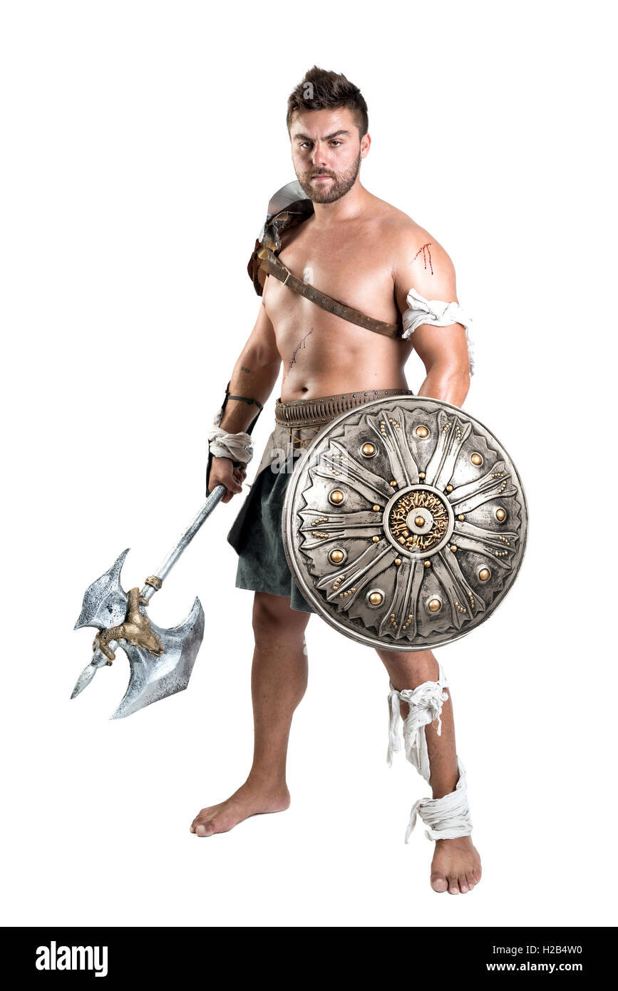 Ancient warrior or Gladiator isolated in a white background Stock Photo ...