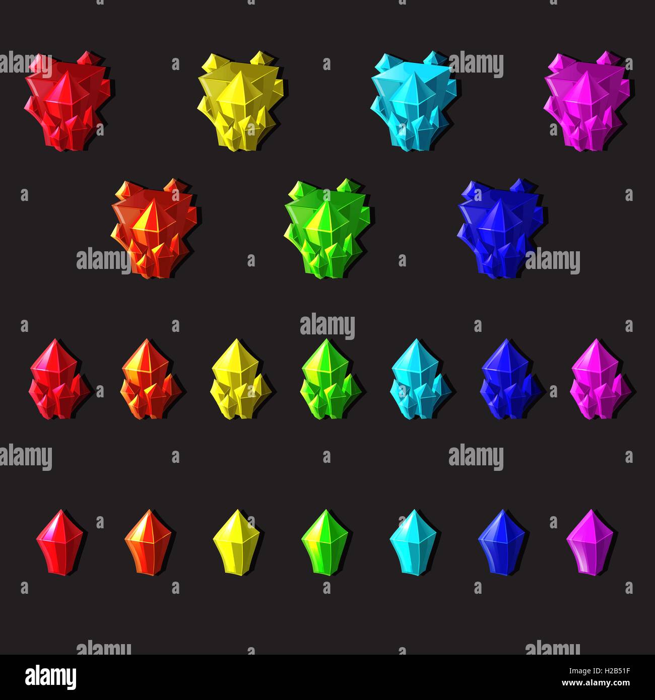 Set of magic crystals or minerals cartoon style on gray background ...