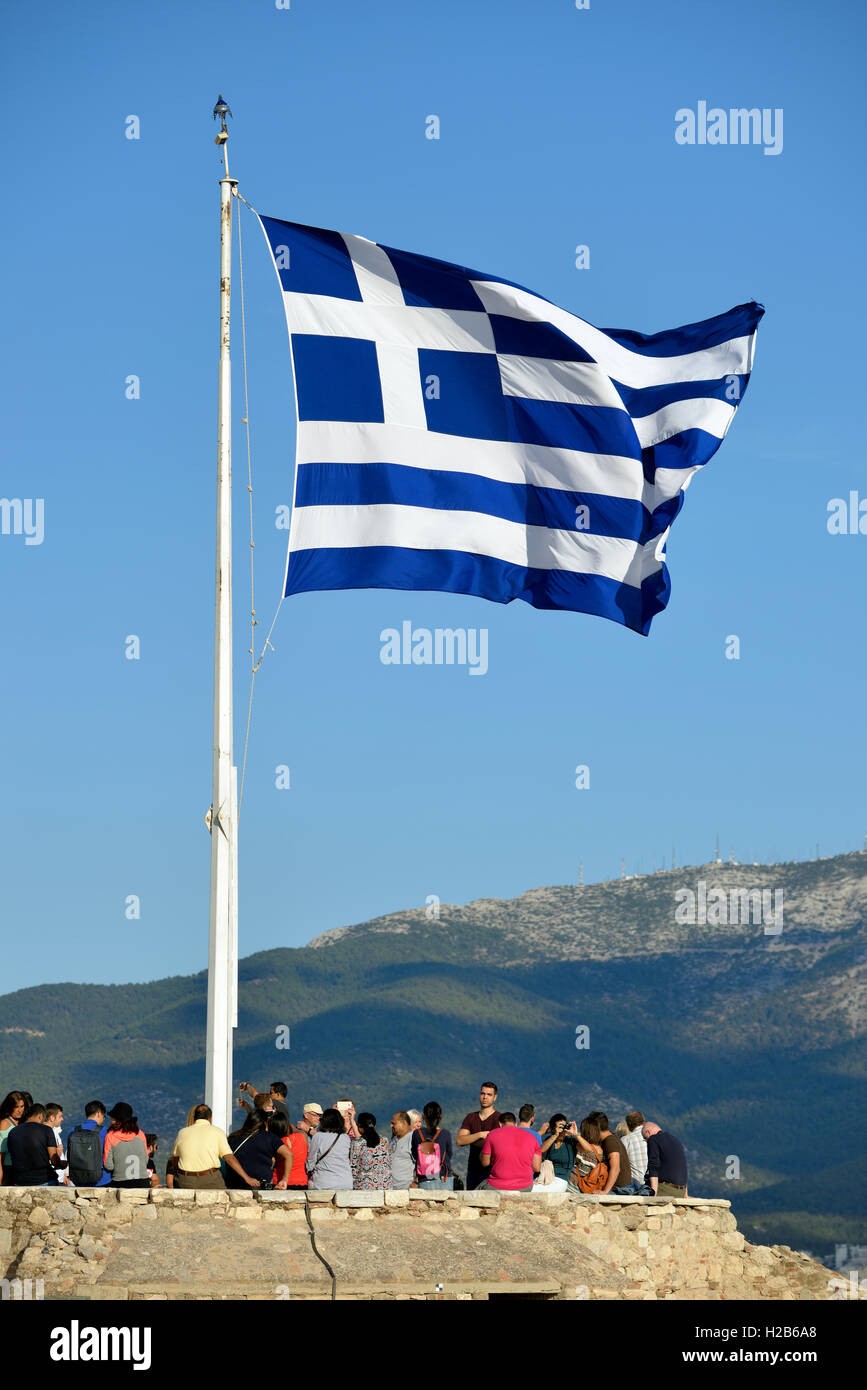 Greek flag in Acropolis of Athens, Greece Stock Photo - Alamy