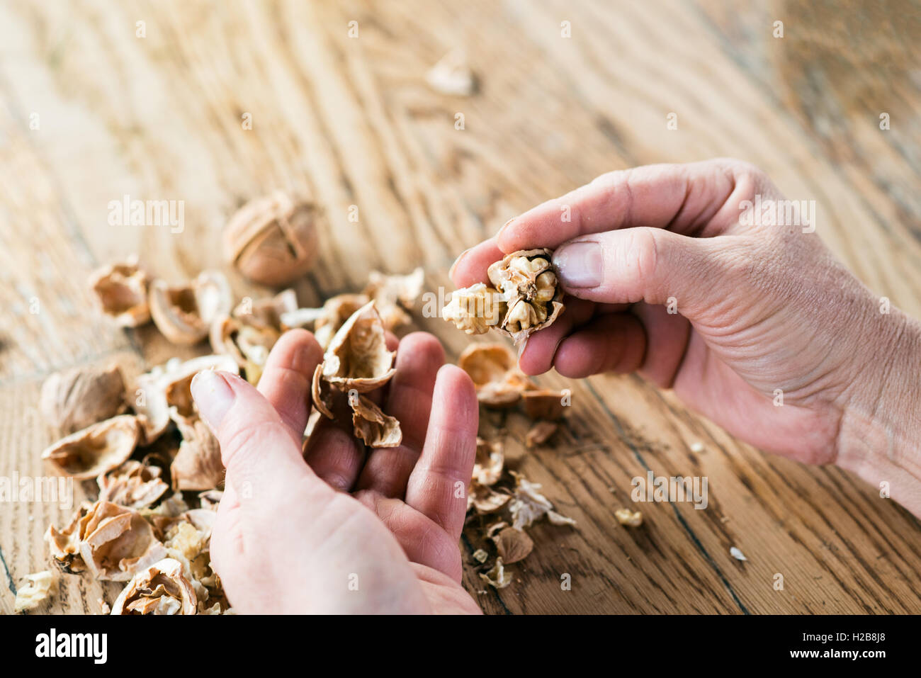 Hands of unrecognizable woman cracking walnuts, wooden table Stock ...