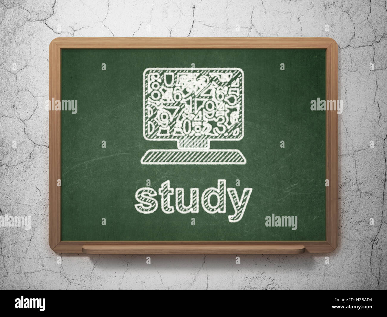 Education concept: Computer Pc and Study on chalkboard background Stock ...