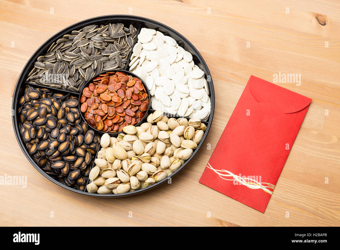 Assorted Snack tray and red pocket for Lunar new year Stock Photo - Alamy