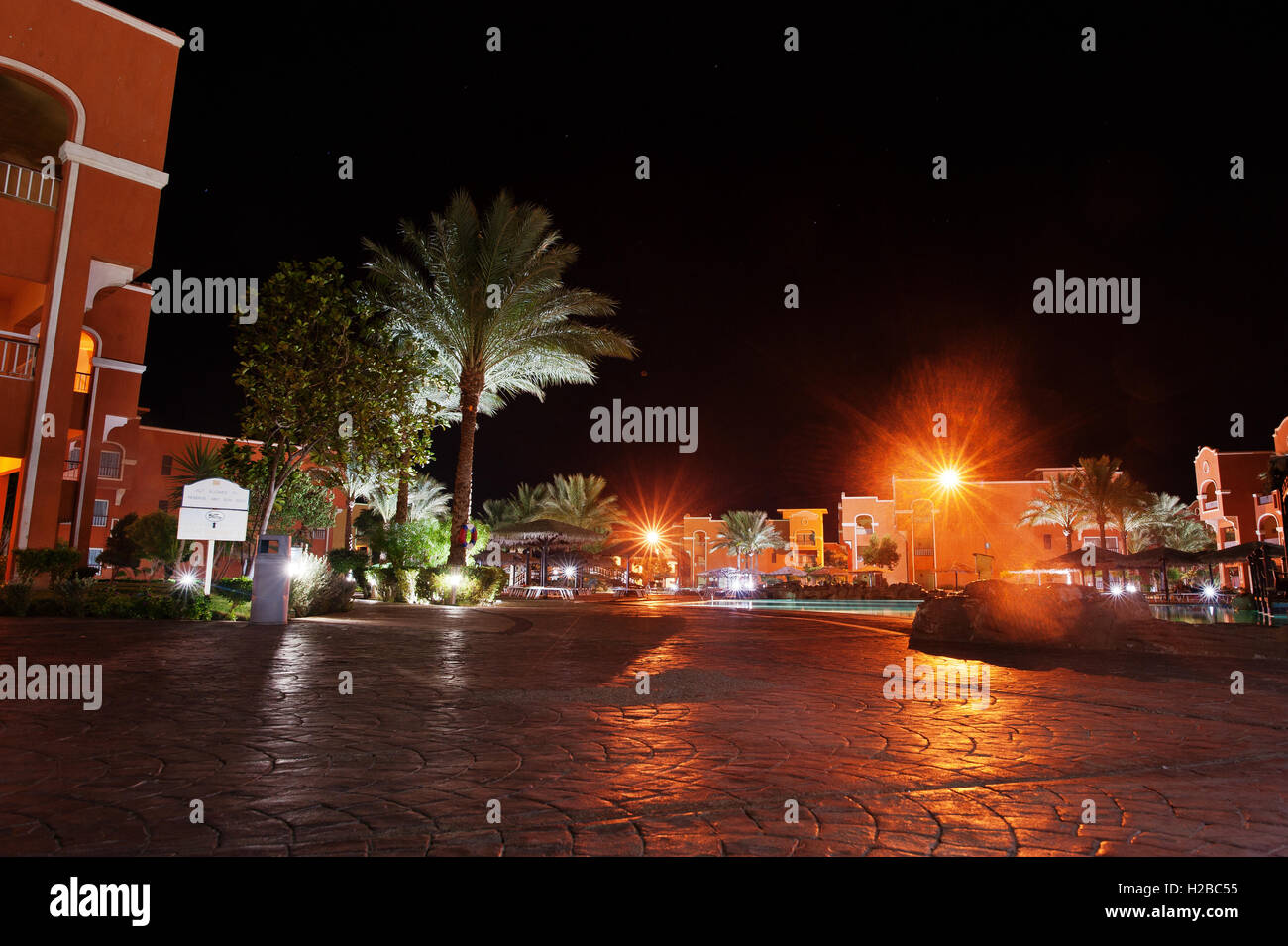 Palms of a luxury tropical caribbean resort at night Stock Photo - Alamy