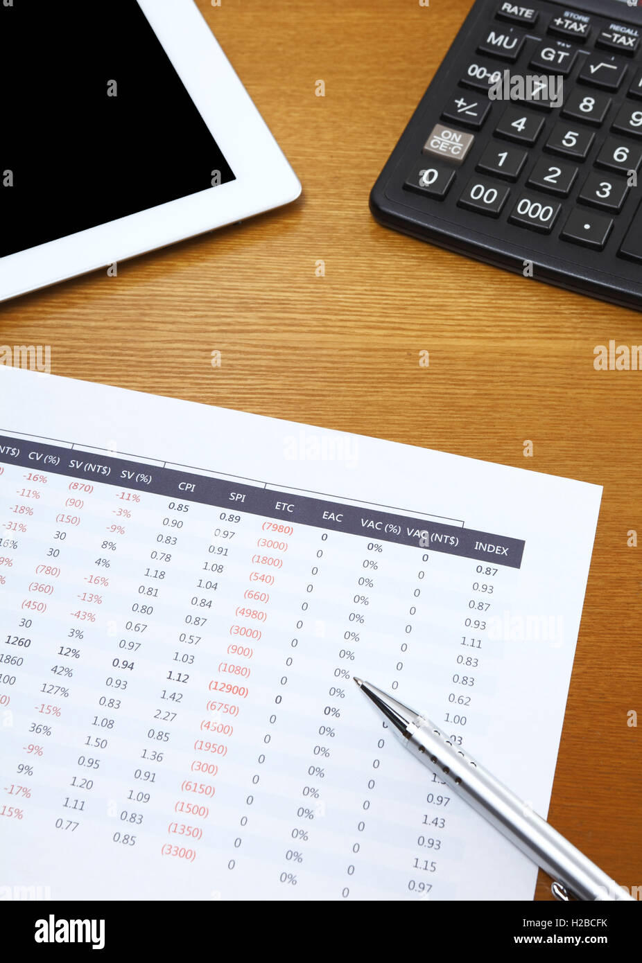 Spreadsheet with tablet and calculator Stock Photo - Alamy