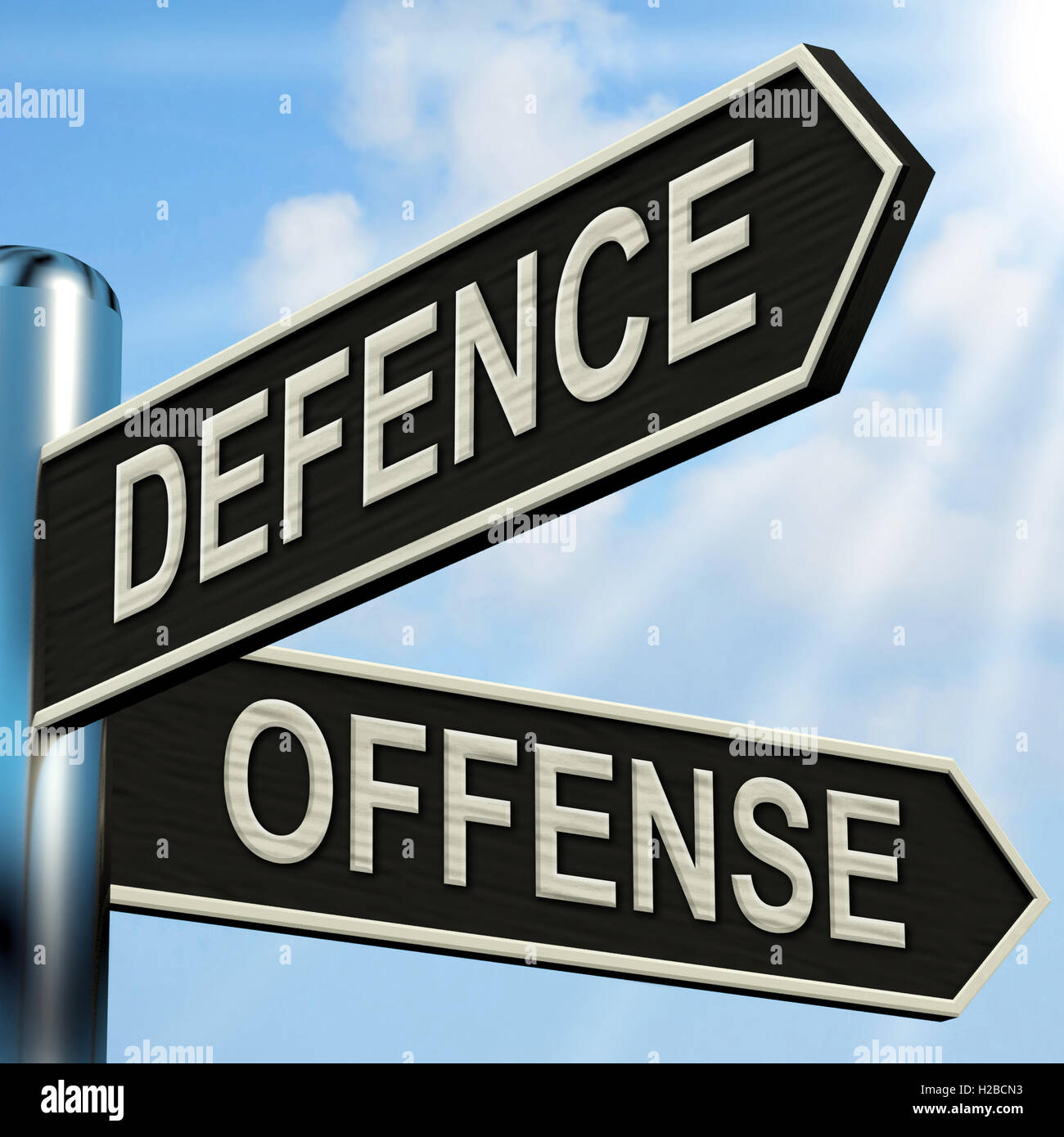 Defence Offense Signpost Shows Defending And Tactics Stock Photo - Alamy