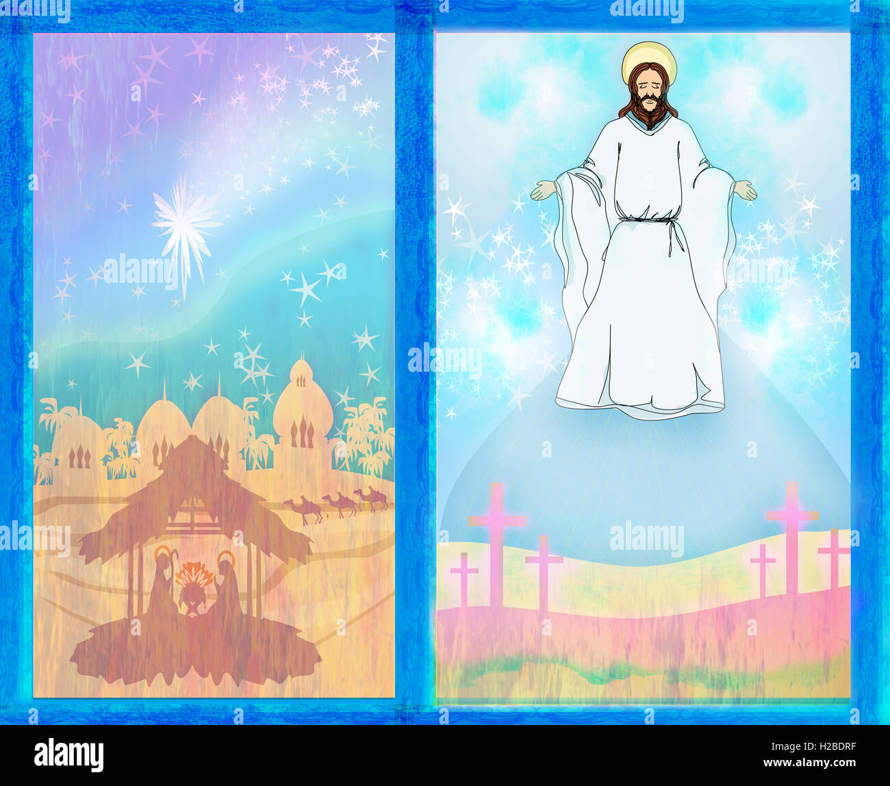 two religious images - Jesus Christ bless and birth of Jesus Stock ...