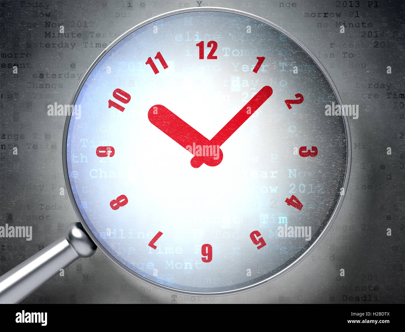 Timeline concept: Clock with optical glass on digital background Stock ...