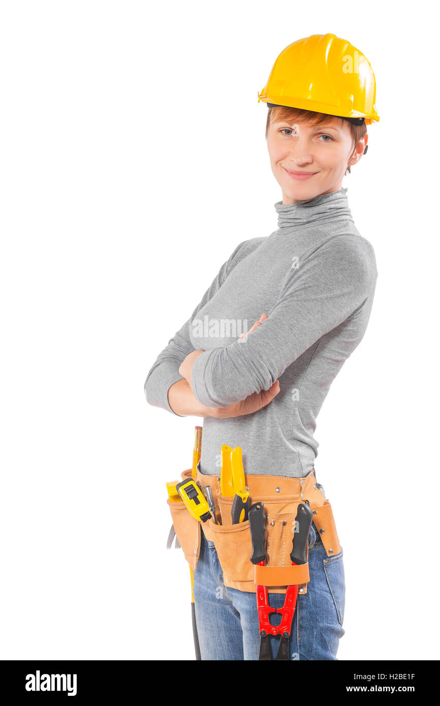 female worker wearing working clothes with tools isolated on whi Stock ...