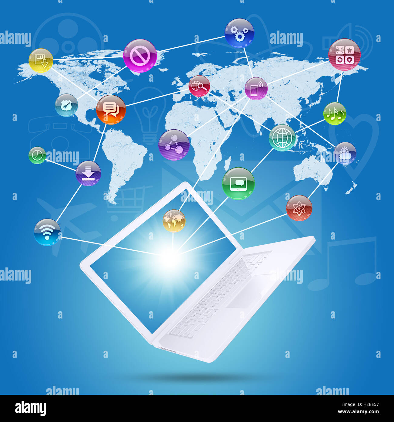 Laptop, earth map and application icons Stock Photo - Alamy