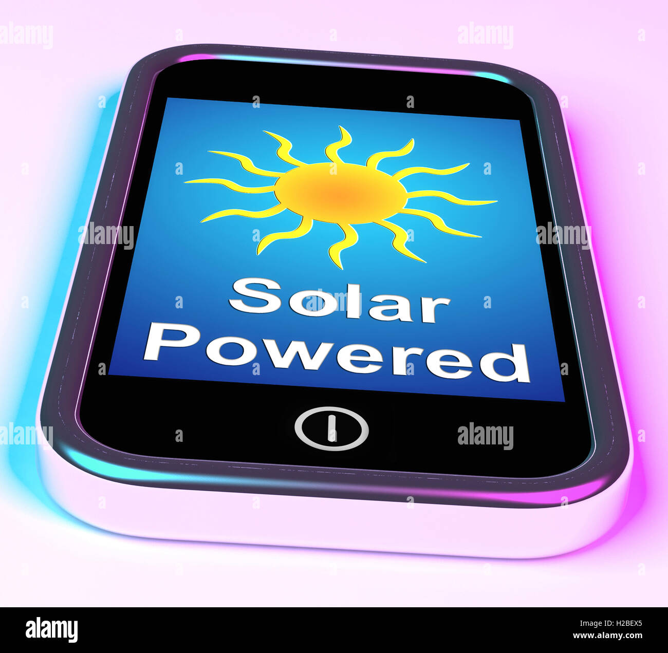 Solar Powered On Phone Shows Alternative Energy And Sunlight Stock ...