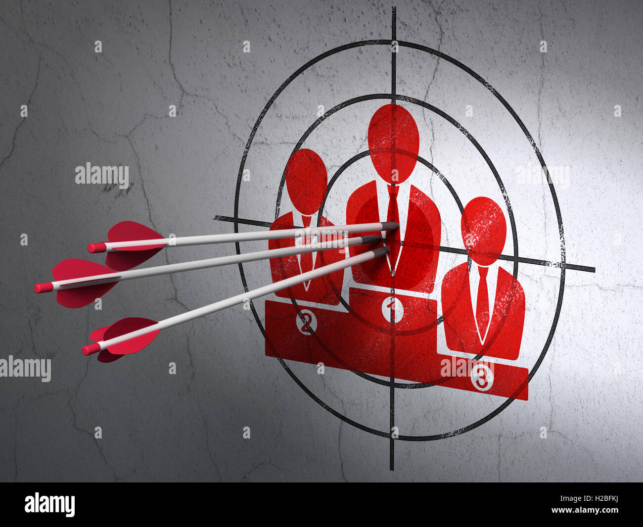 Marketing concept: arrows in Business Team target on wall background ...