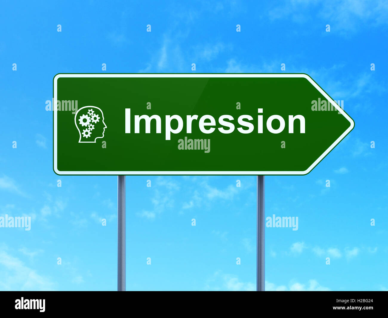 Marketing concept: Impression and Head With Gears on road sign ...