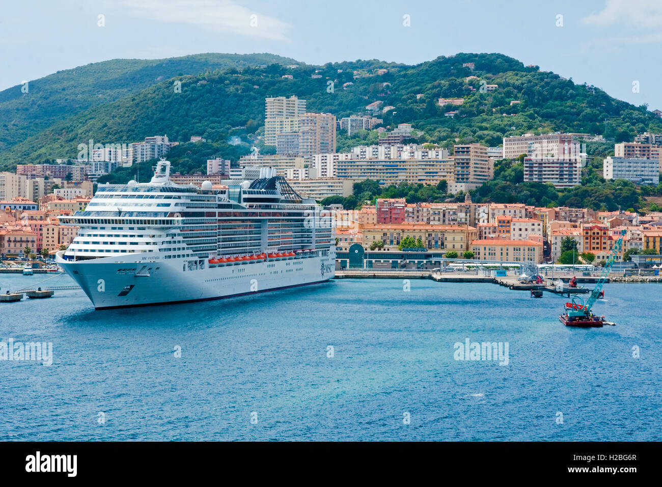 Ajaccio, Corsica, with the cruise ship MSC Fantasia moored at the ...